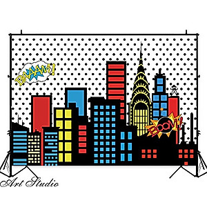 Art Studio 5x3ft Superhero Super City Photography Backdrops Skyline Buildings City Boom Photo Background Children Birthday Party Banner Photo Studio Booth Cake Table Decor Vinyl
