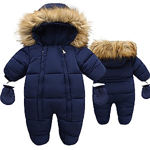 Fairy Baby Infant Baby Winter Snowsuit Coat Romper Hooded Double Zipper Fur Collar Warm Jumpsuit for Boys Girls 6-9 Monthes