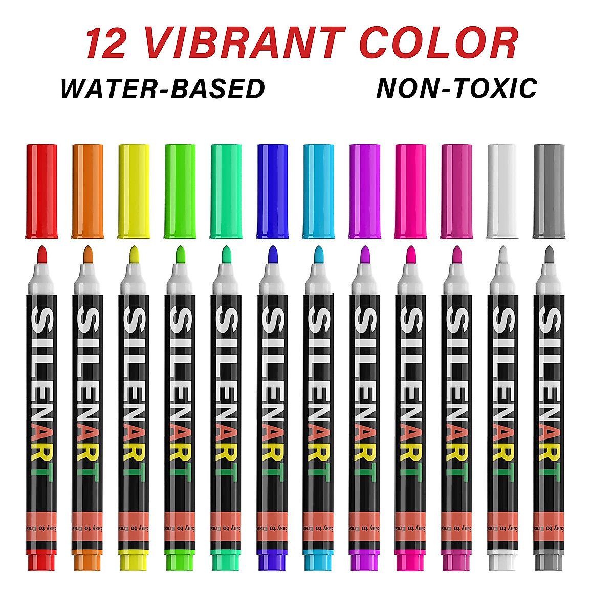 SILENART Chalk Markers for Chalkboard, Chalk Pens Fine Tips, Liquid Chalk Markers Erasable Neon Chalk Marker for Kids, Chalkboard Markers for Signs Labels Menu Board Window Glass - 12 Pack
