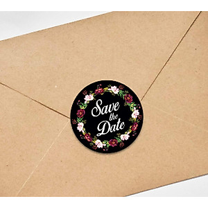 Darling Souvenir 45 Pcs Floral Wreath Black Round Save The Date Stickers Envelope Seals-1.6 Inches