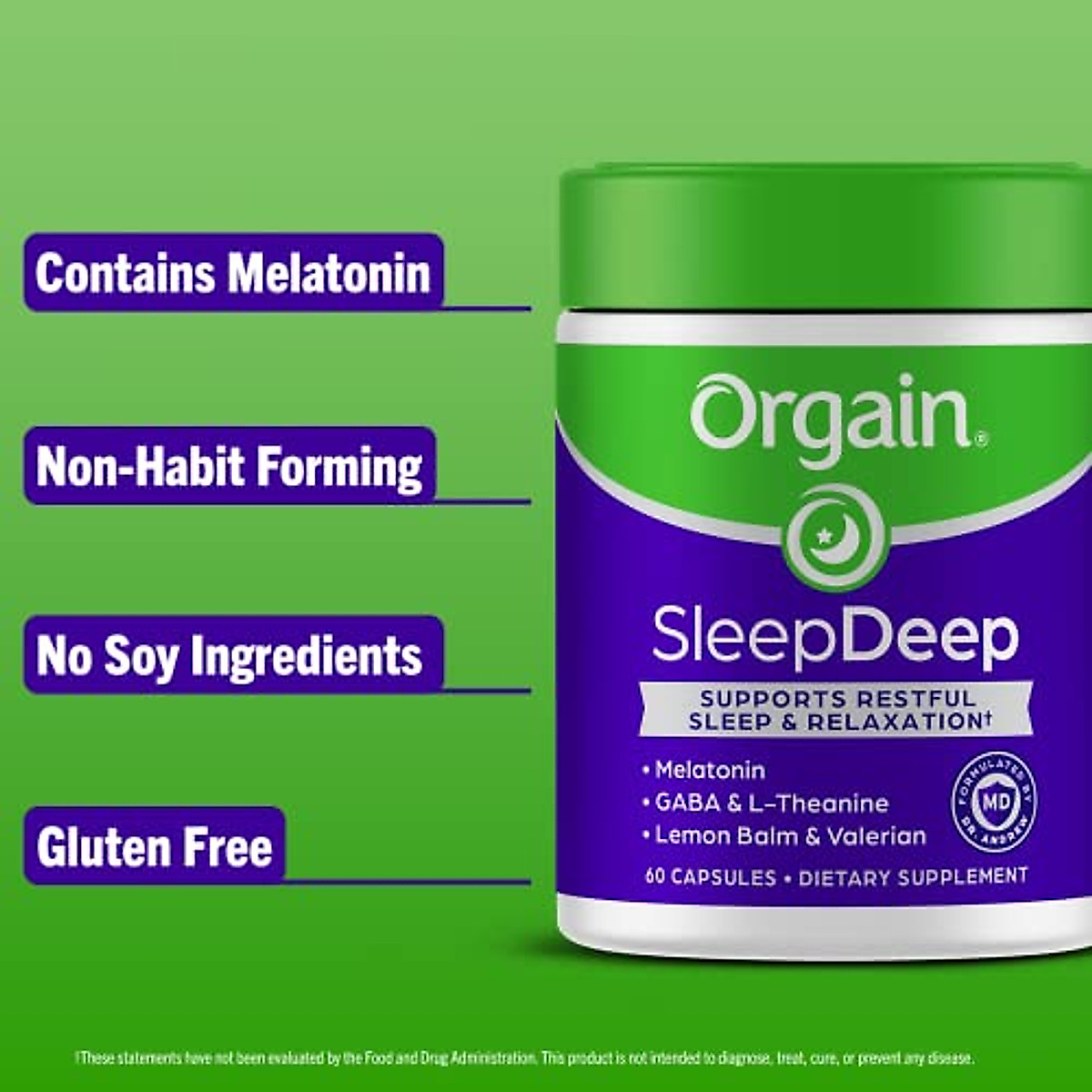 Orgain SleepDeep, Melatonin Sleep Support Supplement - Built with Magnesium, GABA, L-Theanine, L- Tryptophan, Chamomile, Lemon Balm, and Valerian Root, Doctor Formulated, Gluten Free, Soy Free, 60 ct