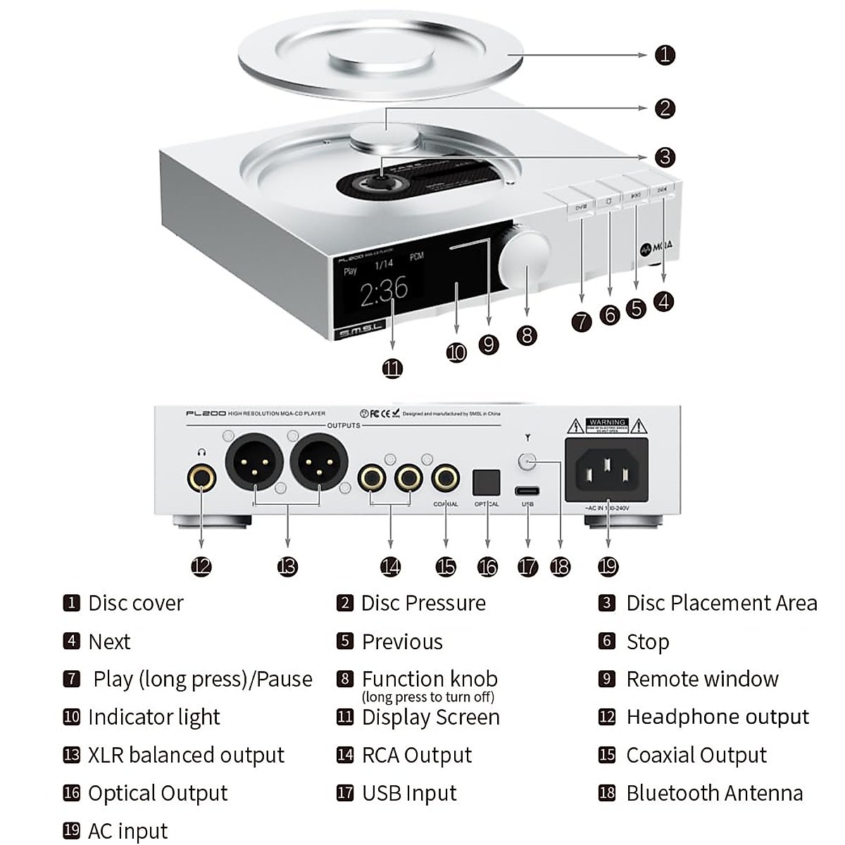 S.M.S.L PL200 MQA-CD Player Player HiFi Lossless AK4499EX Chip Bluetooth Playback Dac Headphone Amplifier,with Remote Control (Silver)