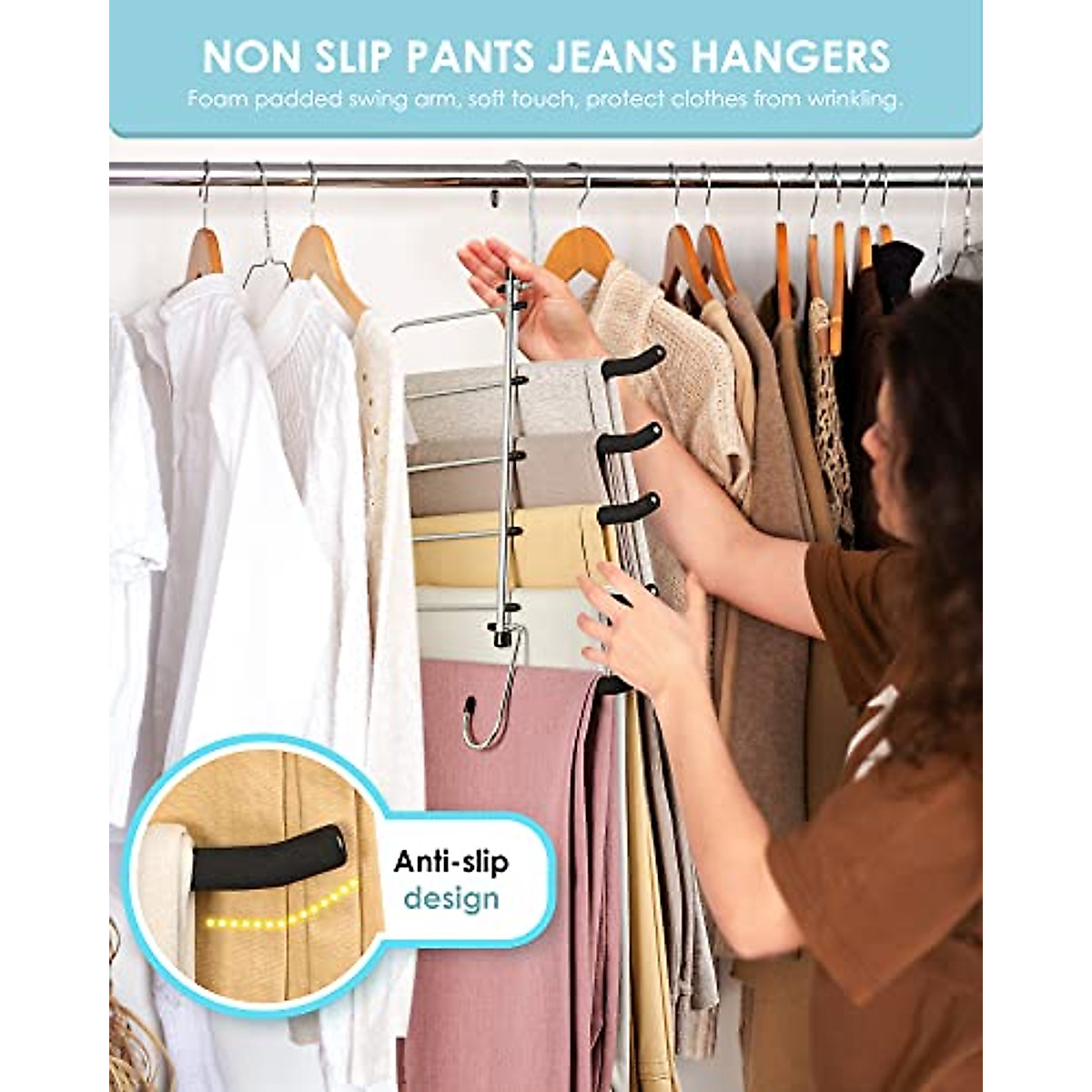 CINKSY Pants Clothes Hangers Space Saving - Upgrade Non Slip Jeans Hanger Rack with Foam Padded Swing Arm Leggings Hanger Multiple Layers Closet Organizer and Storage for Trousers, Scarf, Tie - 2 Pack