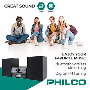 Philco Stereo Shelf Systems Tray Loading CD Player with Digital FM Radio, Bluetooth Streaming, Remote Control in Black | LCD Display | 3.5mm Headphone Jack | MP3 & AUX Port Compatible | USB Input