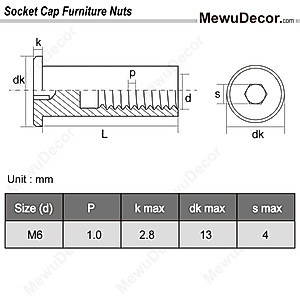M6 x 35mm Socket Cap Furniture Bolts with Barrel Nuts for Furniture Cots Beds Crib and Chairs, Stainless Steel 18-8 (304), 10 Pairs