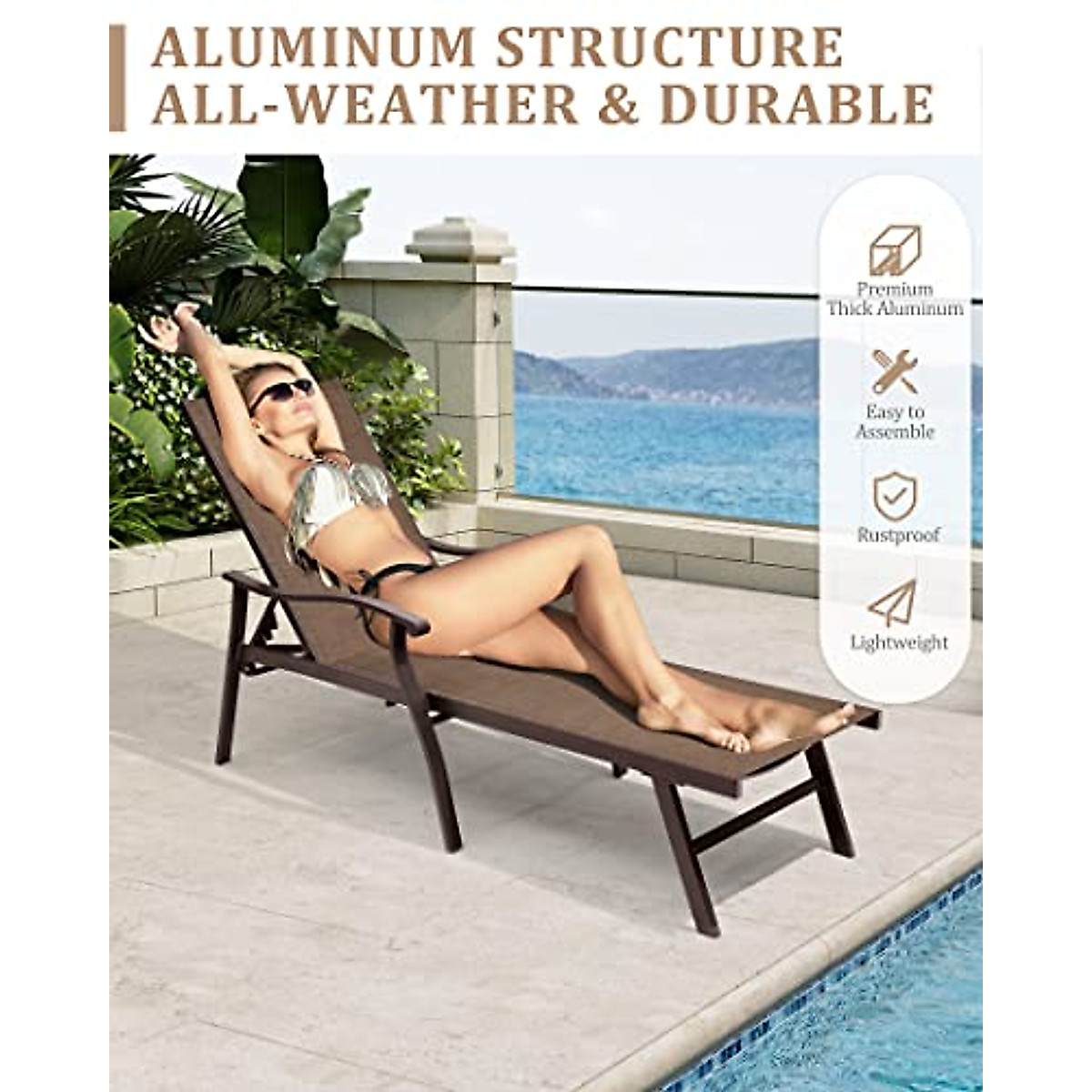 VredHom Outdoor Chaise Lounge Chair, Patio Chaise 5 Position Adjustable Backrest Recliner Ergonomic Armrest All Weather Textiline Aluminum Reclining Chairs for Patio, Beach, Yard, Pool，Brown