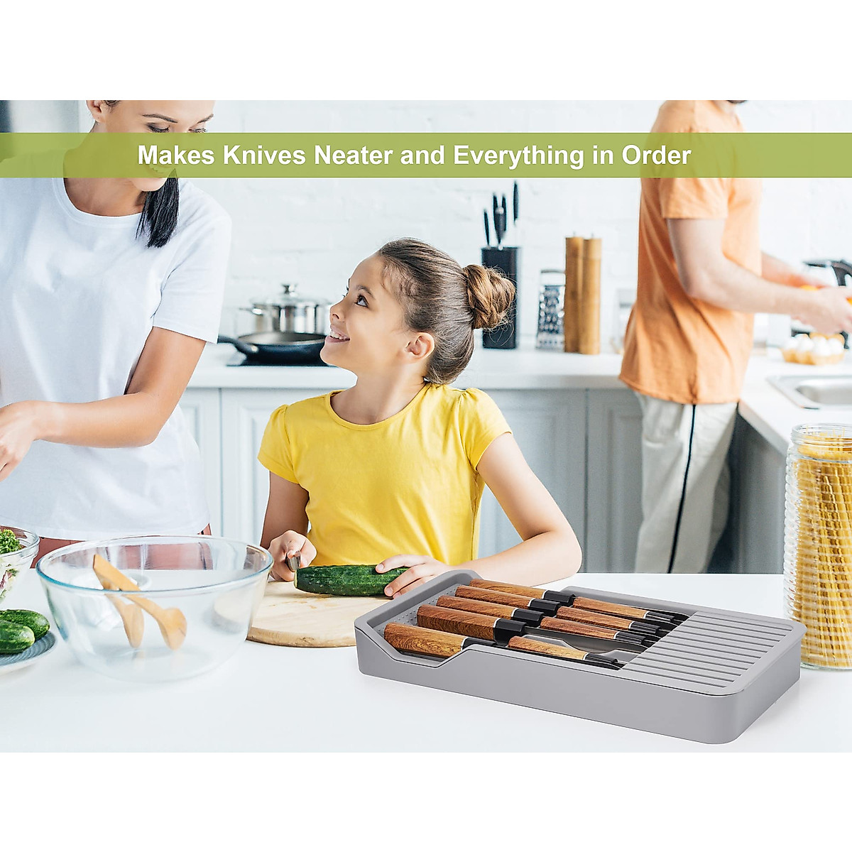 SOMIER Expandable Knife Organizer, Kitchen Drawer Knife Block with Adjustable Compact Flatware Cutlery Tray for Cooking Utensils, 2 Tier Knife Holder Insert for 11 Knives Storage, Gray