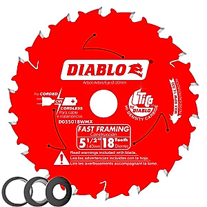 Diablo Fast Framing Saw Blade for Wood - Hi-Density Carbide - 5-1/2" Diameter, 18 ATB Teeth, 20mm Arbor, .049" Kerf, 18° Hook Angle, .039" Plate, 12000 Max RPM - D055018WMX