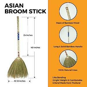SN SKENNOVA Asian Broom for Cleaning Floor/Handheld Household Broom for Outdoor and Indoor : House Broom - Hardwood Sweeper with Brush Power and Circle Cleaning (Thai Pattern 2, Blue 2)