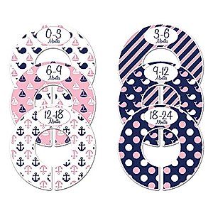 C136 Baby Girl Nursery Closet Clothing Size Divider Pink Nautical Set of 6 Fits 1.25 Inch Rod