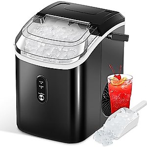 Nugget Ice Makers Countertop with Soft Chewable Pellet Ice, Pebble Ice Maker Machine with Self-Cleaning, 35Lbs/24Hrs, One-Click Operation, Ice Basket/Ice Scoop for Kitchen/Office, Black(with Handle)