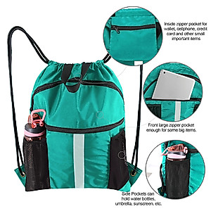 BeeGreen Teal Drawstring Backpack String Bag with Water Bottle Pockets Large Workout Bag Sackpack and Shoe Compartment Swim Sports Cinch Bag for Men Women Gym Yoga