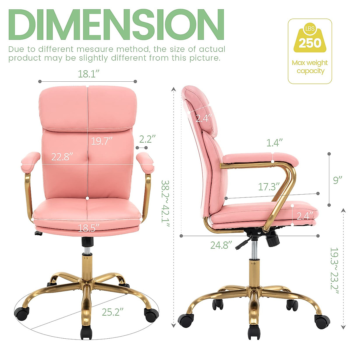 MFD LIVING Home Office Chair, Modern Upholstered Mid-Back PU Leather Task Desk Chair with Arms, Adjustable Rocking Swivel Computer Chair with Wheels (Pink)
