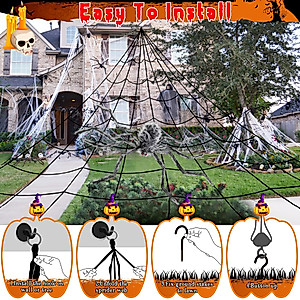 Solar Spider Web Halloween Decorations Lights, 16.4 x 15.7 Ft Solar Powered Huge Triangular Spider Web, 192 LEDs 8 Modes Waterproof with Timer and Giant Spider for Yard House Party Decor(Orange)