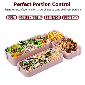 Bento Box Lunch Box for Adults Kids, AsFrost 3-In-1 Compartment Containers - Wheat Straw, Leakproof Eco-Friendly Bento Lunch Box Meal Prep Containers Microwave Safe (Pink)