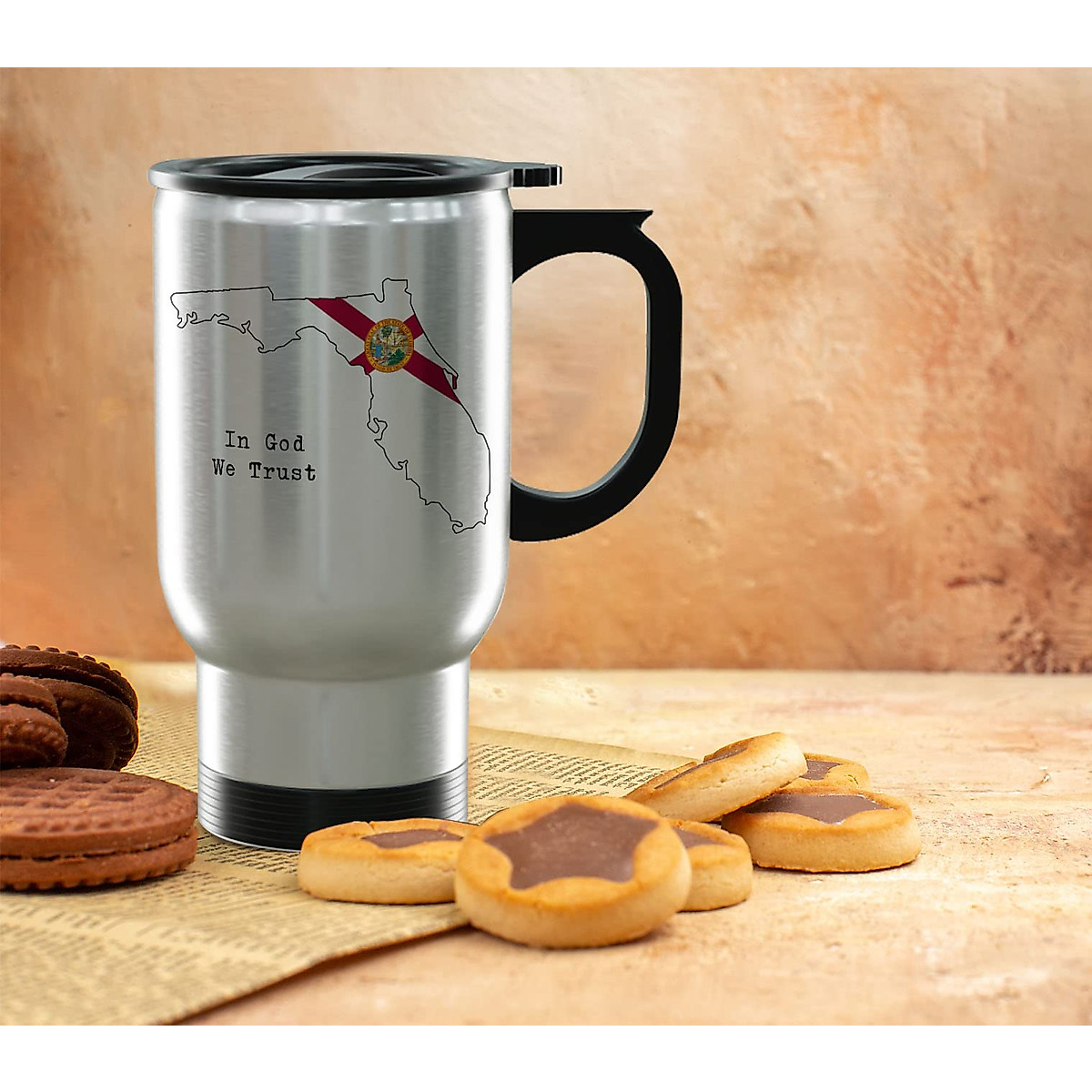 Florida In God We Trust Gifts and Souvenirs - Travel Mug with Handle and Lid - Florida Graduation Unique Drinkware - 14oz Travel Mug Steel - Best USA State Motto & Flag Gifts
