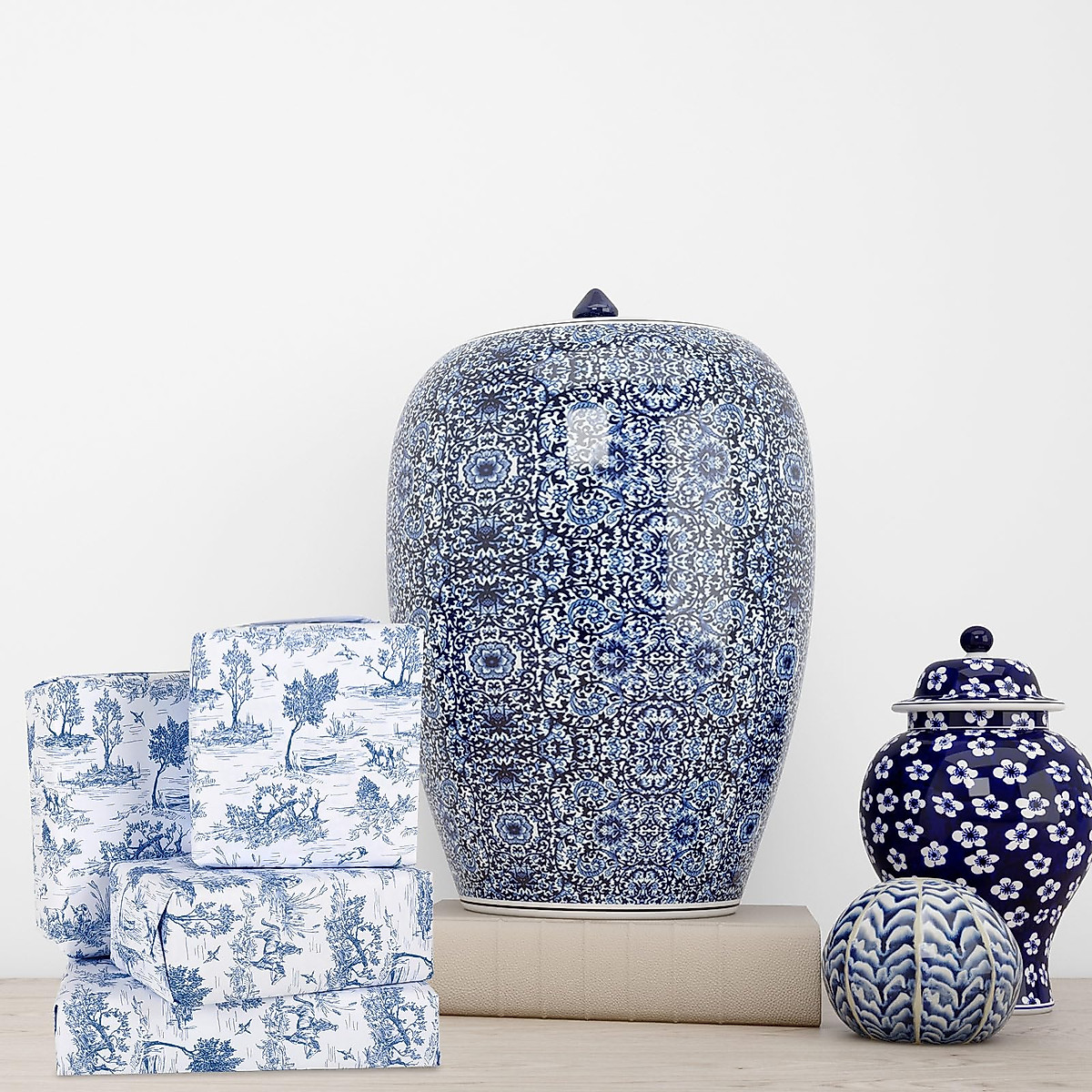 JarThenaAMCS Classic French Village Printed Wrapping Paper Roll 17 In x 32.8Ft White Blue Rustic Rural Scenery Gift Wrap Paper Decorative Art Paper for Birthday Gift Packing Supplies