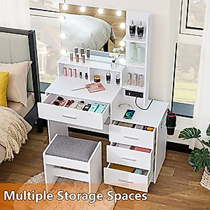 usikey Large Vanity Table Set with Lighted Mirror & Charging Station, Makeup Vanity Dressing Table with 4 Storage Shelves and 4 Drawers, Vanity Desk with 3-Drawer Chest and Cushioned Stool, White