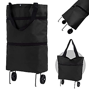 Foldable Shopping Trolley Tote Bag,Large-Capacity Shopping Bag with Wheels Portable Shopping Cart Reusable Portable Grocery Bag,Women Shopper Bag for Vegetable and Fruit (Black)