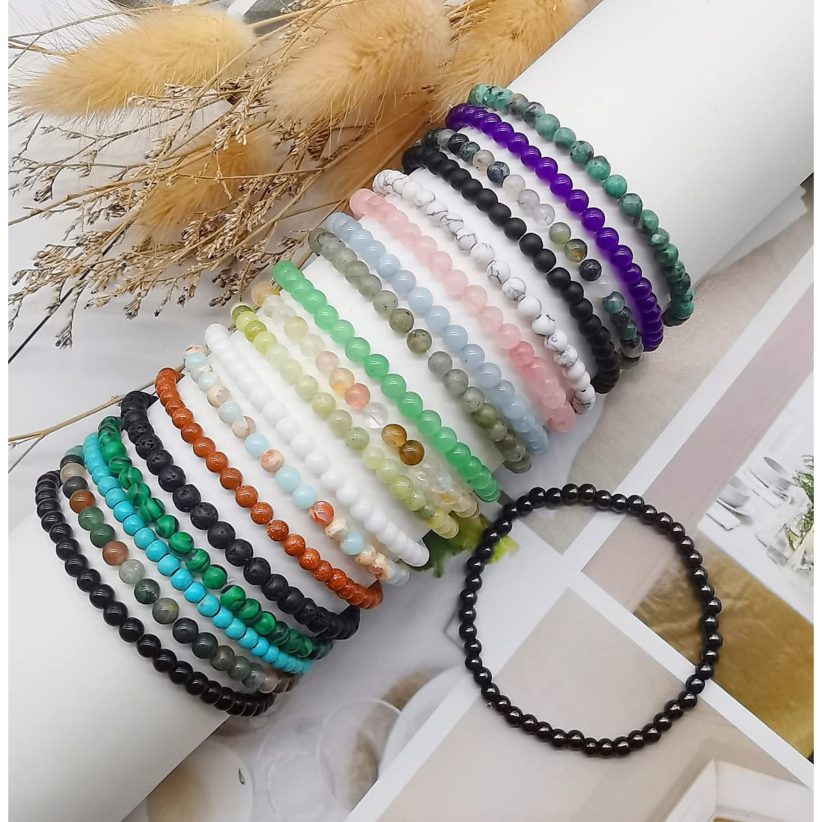 FIRAZIO 20Pcs 4mm Gemstone Beaded Bracelets for Women Mens Crystal Stone Bracelet Stretch Mini Round Beads Elastic Bracelets Jewelry Gifts