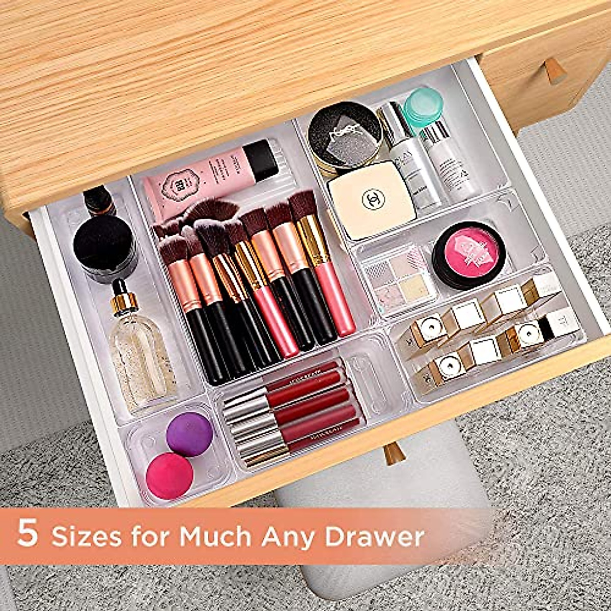 Puroma 24Pcs Desk Drawer Organizer 5-Size Versatile Vanity Desk Drawer Storage Bins and 31Pcs Desk Drawer Organizer Trays, Drawer Organizers Bathroom Drawer Dividers for Makeup, Jewelries and Gadgets