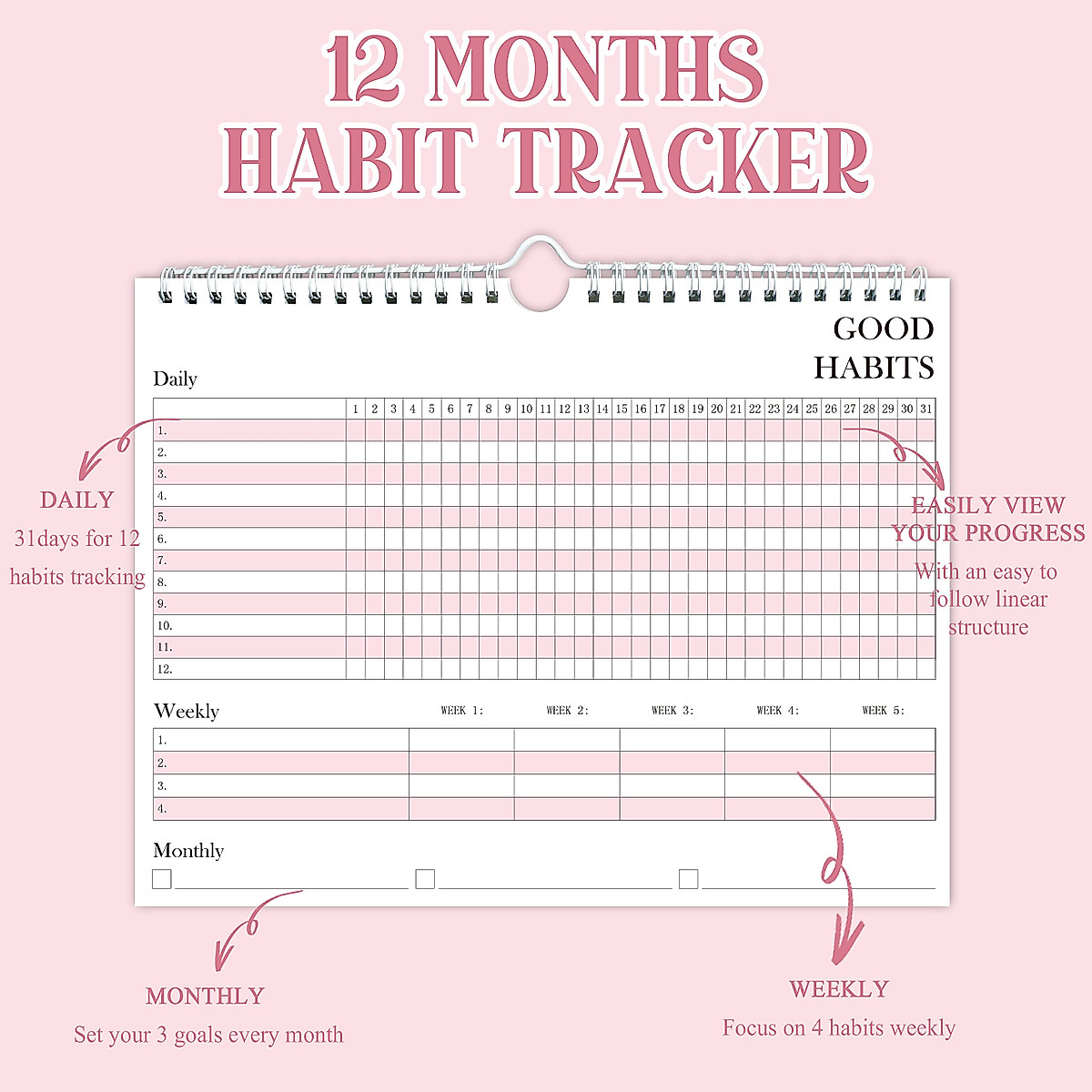 Habit Tracker Journal - Habit Tracker Calendar & Goal Tracker with Spiral Binding–Undated Weekly and Monthly Habit Tracker Planner to Boost Productivity with Habits Goals, 12Months, 8.5"x11” Pink