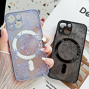 Skyseaco for iPhone 13 Mini Case Compatible with MagSafe for Black Frosted PC Back Protector Flower Shockproof Black Floral Blooms Design Protective Women Girls Phone Case - Flower Blooms/Black