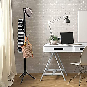 ZOBER Coat Rack Freestanding - Wooden 6 Hanger Clothing Rack with Modern Hooks for Bag, Hat, Jacket, Purse, Umbrella - Standing Hat Rack Coat Hanger for Entryway - Black