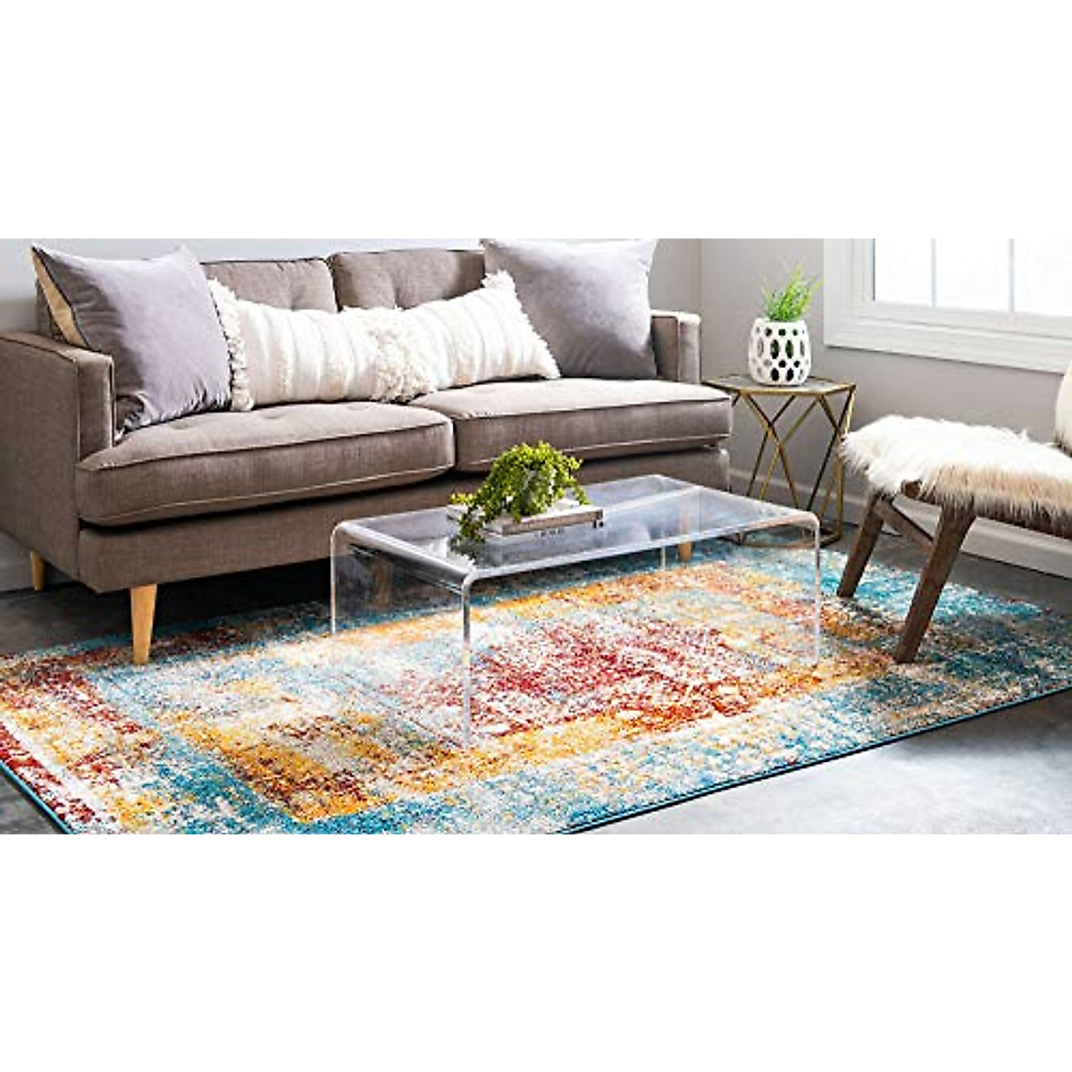 Unique Loom Rosso Collection Traditional, Medallion, Distressed, Bohemian, Vintage, Southwestern Area Rug, 4 ft x 6 ft, Multi/Blue