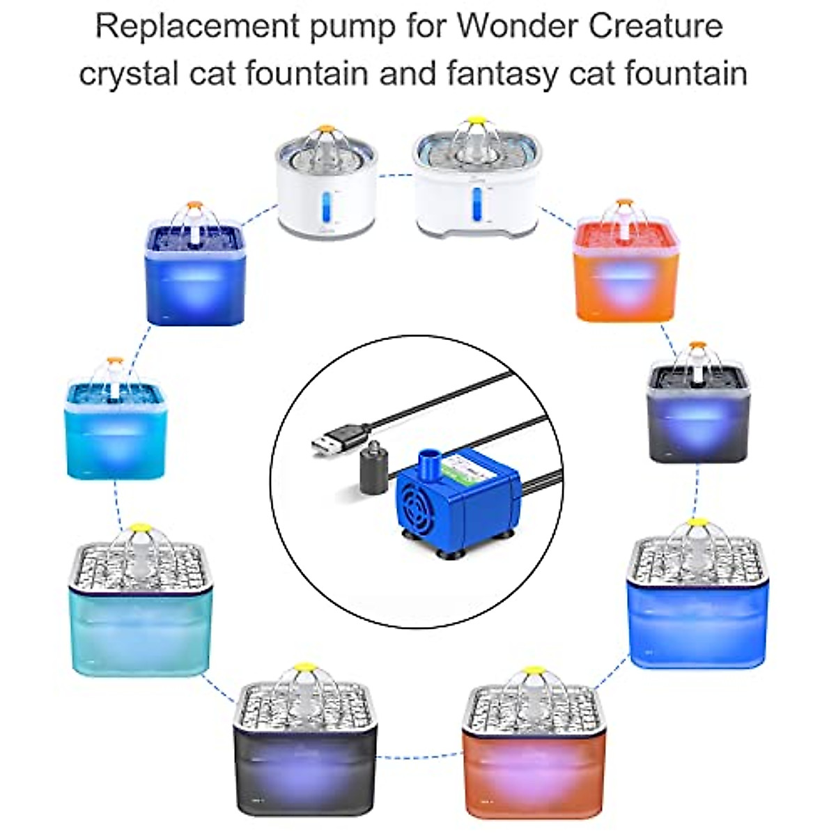 Cat Water Fountain Replacement Pump, Upgraded Cat Fountain Pump, Extremely Quiet, 6 ft Power Cable with USB Port