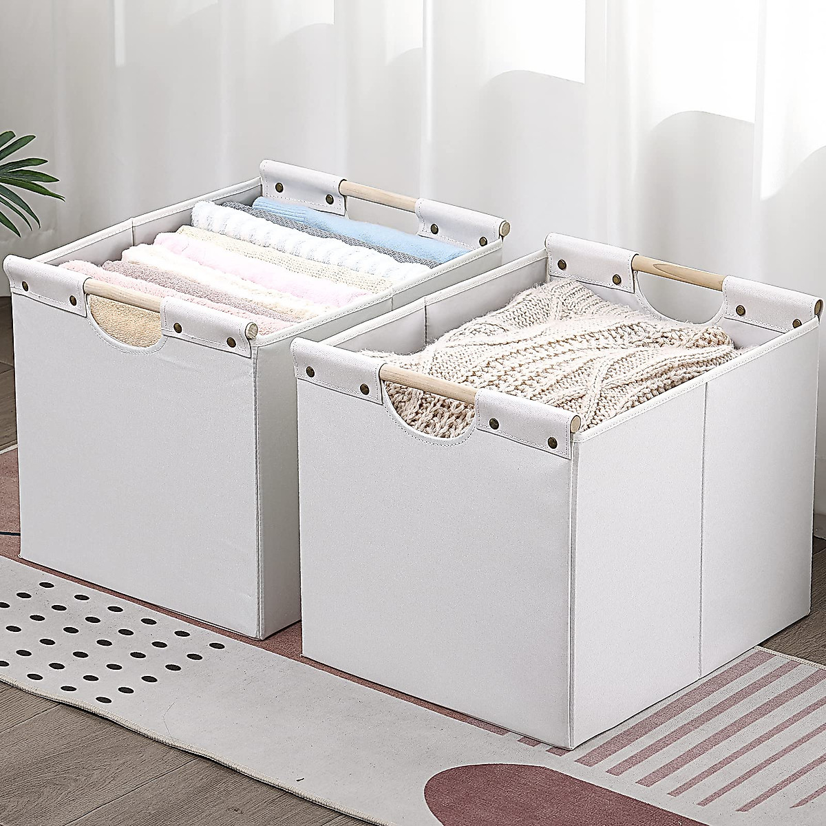 HOONEX Large Collapsible Storage Bins, Linen Fabric, Pack of 2, Storage Baskets with Wooden Carry Handles and Sturdy Heavy Cardboard, for Home, Office, Car, Nursery, White