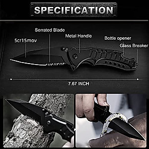 Pocket Knife for Men, Folding Knife with Clip, Tactical Knives with Serrated Blade, Glass Breaker & Bottle Opener, EDC Pocket Tactical Knife for Outdoor Survival Camping Hunting, Cool Knifes for Dad