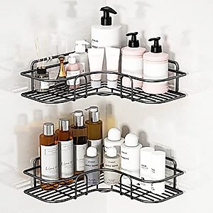 LAIGOO Adhesive Shower Caddy Corner Shelf, Hanging Bathroom Shelves Wall Mounted Shower Shelf, Non-Drilling Floating Shelf for Bathroom Organizer/Kitchen/Shower Organizer (2 Pack, Black)
