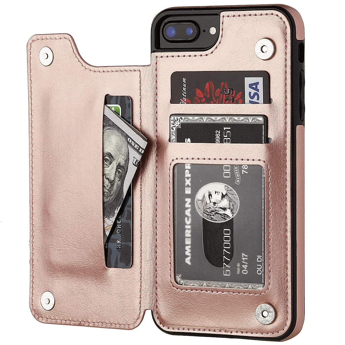 for iPhone 7 Plus/8 Plus Wallet Case with Card Holder,OT ONETOP Premium PU Leather Kickstand Card Slots Case,Double Magnetic Clasp and Durable Shockproof Cover 5.5 Inch(Rose Gold)