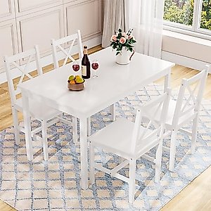 Alohappy Dining Table Set for 4, 5 Piece Kitchen Table Set with 4 Chairs Pine Wood Dining Table Rectangle Breakfast Table and Chairs for Small Space, Space-Saving & Easy Assembly (White)