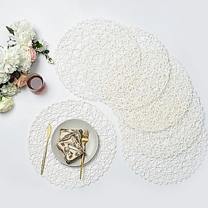 IcosaMro White Round Placemats Set of 6 for Dining Table, 15 Inch Paper Woven Boho Decorative Circle Place Mat for Wedding Holiday Christmas Thanksgiving Day Dinner