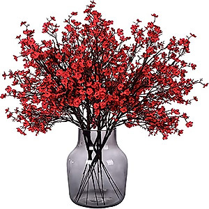 Momkids 6 Pcs Babys Breath Artificial Flowers Bulk Real Touch Faux Gypsophila Bouquet Fake Plastic Silk Flowers for Home Kitchen Bedroom Wedding Festival Christmas Halloween Party Decoration (Red)