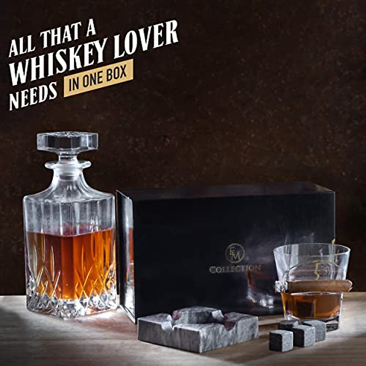 EMCOLLECTION Home Bar Crystal Whiskey Gifts for Men with Side Mounted Holder, 12oz, Bourbon Glasses Old Fashioned | Whisky Stones | Ideal for Cocktails, Scotch and Liquor's Lovers (Set of 1 Glass)