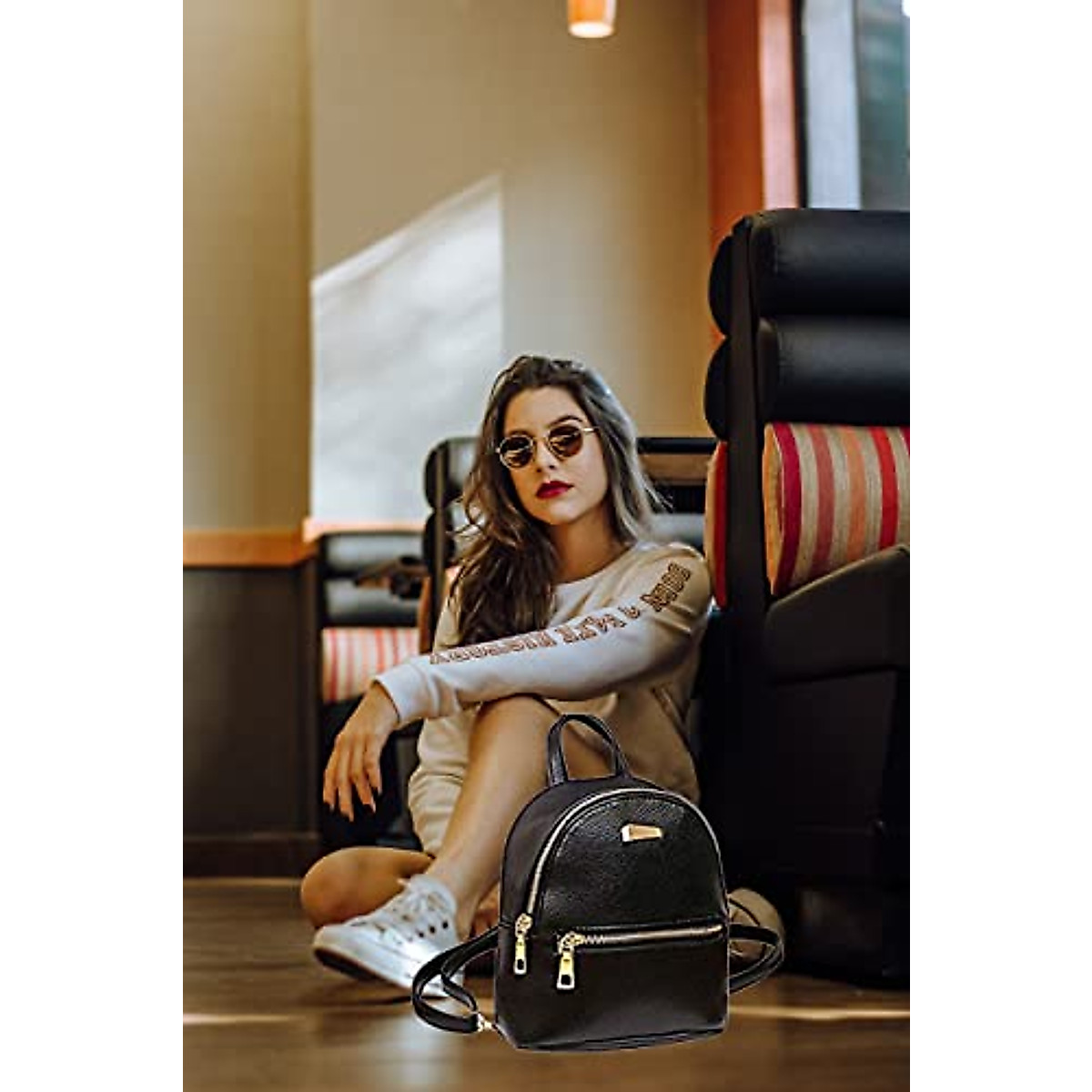 Donalworld Women Floral School Bag Travel Cute PU Leather Mini, Blak, Size Small