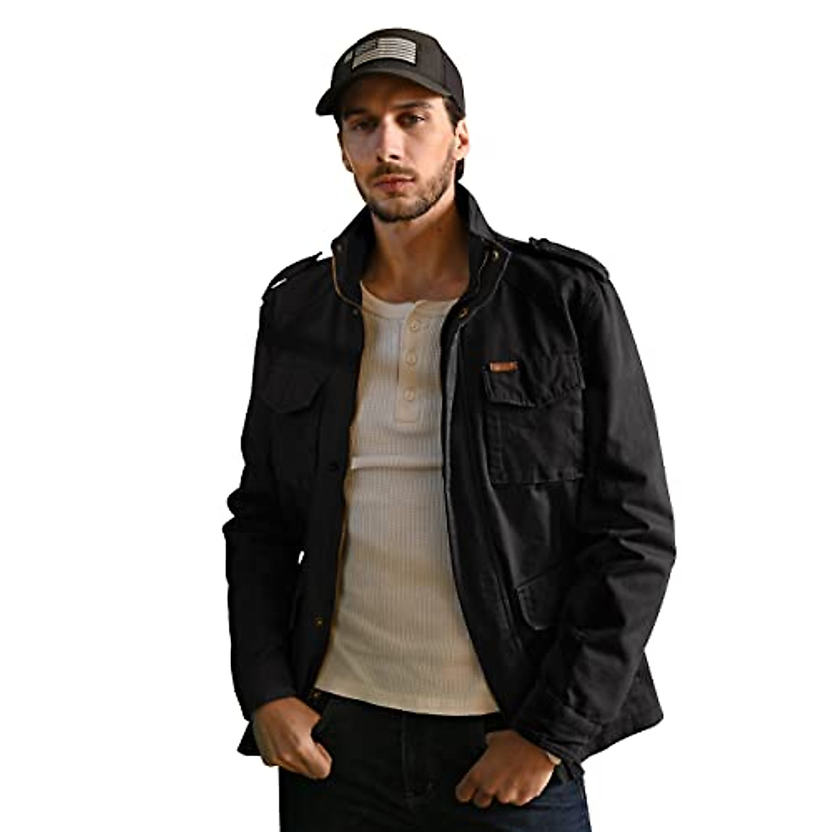 WenVen Men's Washed Cotton Canvas Safari Jacket Spring Military Coat (Black, L)