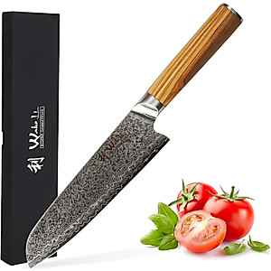 Wakoli Santoku Knife, 7-inch Blade Damascus Chef Knife made from 67 Layers of Damascus Steel with VG10 Core, Sharp Kitchen Knives with Olive Wood Handle, Meat Knife for All Tasks in Gift Box (Oribu)