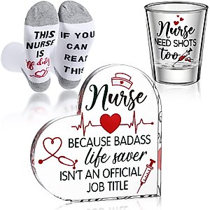 Treela 3 Pcs Christmas Nurse Appreciation Gift Set Include Nurse Acrylic Plaque Nurse Week Shot Glass and Nurse Gifts Socks for Women Men School Nurse Week Birthday Graduation Retirement Gifts