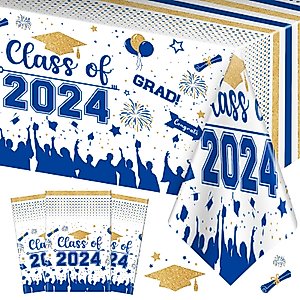 Graduation Decorations Class of 2024 Tablecloth - 3 Pcs Plastic Congrats Grad Table Cloth, Graduation Table Cover for Graduation Party Decorations 2024 and Party Supplies, 54"x108" (Blue and Gold)
