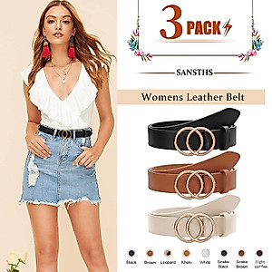 SANSTHS 3 Pack Women Leather Belts Faux Leather Jeans Belt with Double O-Ring Buckle Size up to 53 inch, M: fits waist from 29"-35"