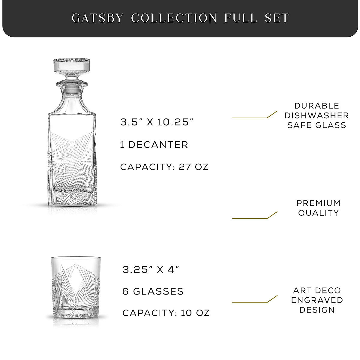JoyJolt Gatsby Whiskey Decanter and 6PC Glasses Set. 27 oz Airtight Glass Decanter and Set of 6 Old Fashioned Rocks Glasses for Scotch, Bourbon Whisky, Brandy, Cognac Rum or Whiskey Cocktails