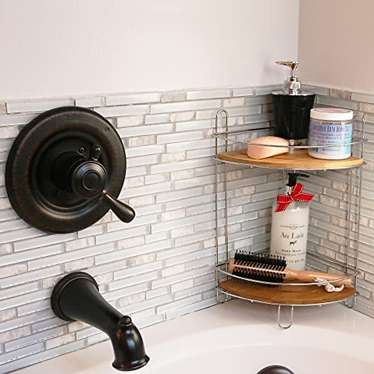 EVIDECO Free Standing Corner Shower Caddy, 2 Shelves, 8 L x8 W x 14.8 H, Chrome/Bamboo