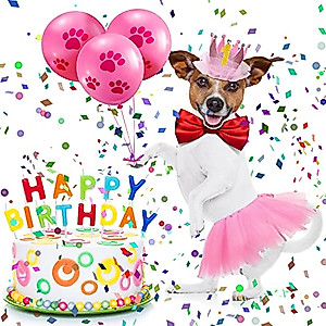Dog Birthday Party Supplies Decoration Include Tutu Skirt Crown Hat 0-8 Figure Pet Happy Birthday Triangle Scarf Let's Pawty Banner and 10 Pieces 10 Inch Paw Print Balloons for Pet (Pink)