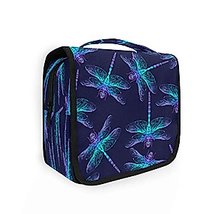 Omhonmi Hanging Toiletry Bag for Women Summer Dragonfly Pattern,Waterproof Makeup Pouch,Portable Cosmetic Bag,Travel Bag with Hanging Hook for Woman Man Travel Accessories
