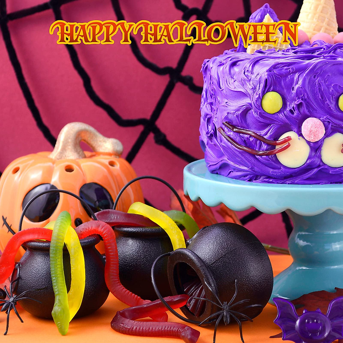 64 Pcs Halloween Mini Witch Cauldron Set Kettles 4 Pack Small Plastic Black Candy Cauldron Kettles with 60 Pieces Gold Coins Candy Holder Pot with Handle for Wizard Party Birthday Pirate Party