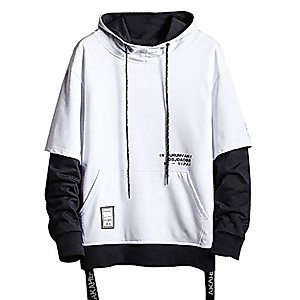 Thenlian Men's New Fashion Loose Stitching Fake Two-piece Hooded Sweater Splice Top (XXXL, White)